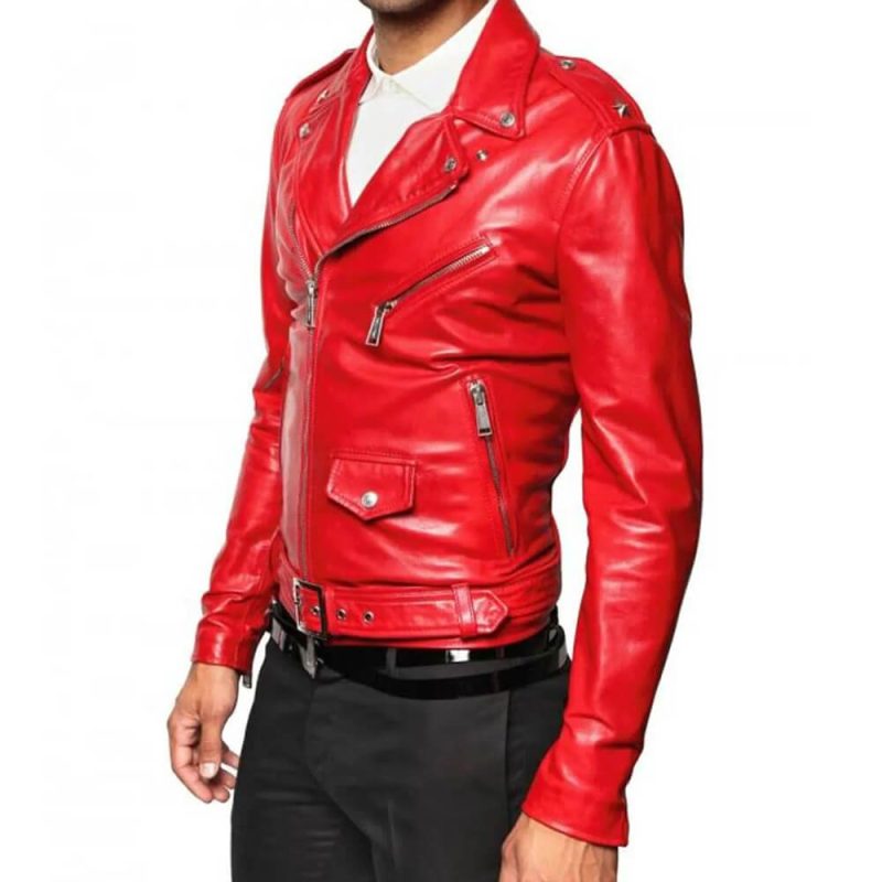 Mens Belted Style Red Leather Motorcycle Jacket - Leather Lineage